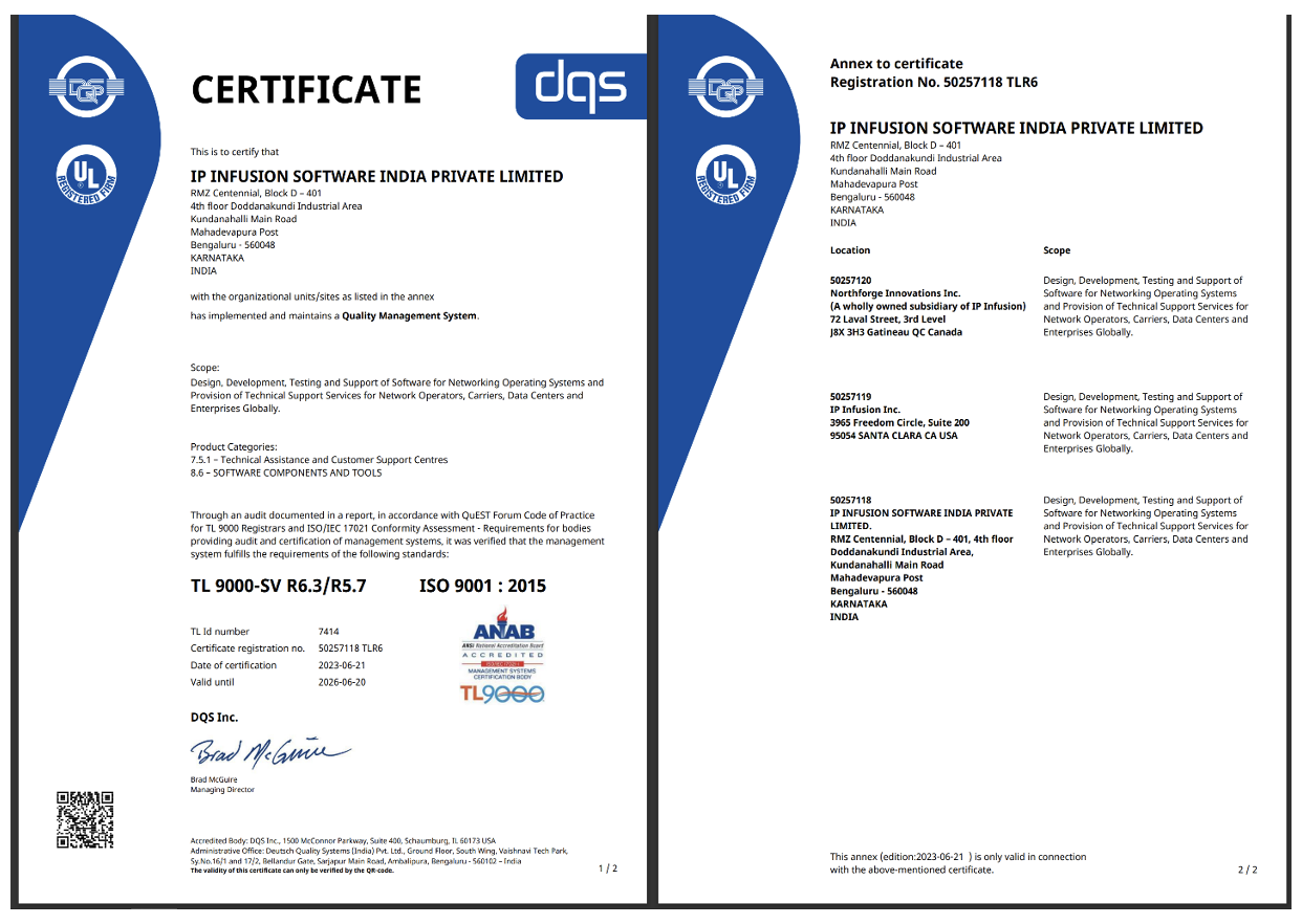 IP Infusion Achieves TL 9000 Certification IP Infusion